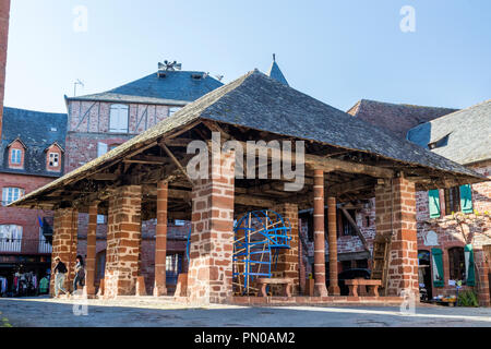 France, Correze, Meyssac, the 18th century old corn exchange in red ...