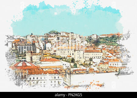 Watercolor drawing of panoramic view of Lisbon in summer, Lisbon ...