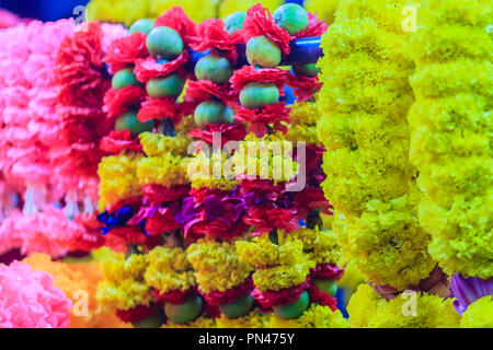 Indian flower shop at Sri Maha Mariamman Temple. Flower garlands used ...