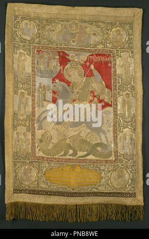 Icon of St George the dragon-slayer on horseback, painter Angelos. 15th ...