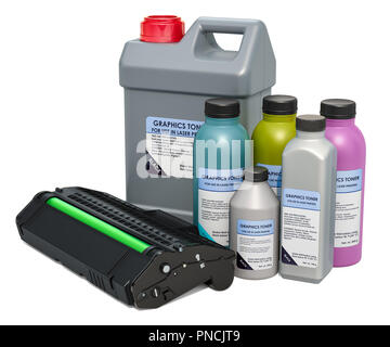 Set of colored laser toner powder in the bottles for use in laser ...