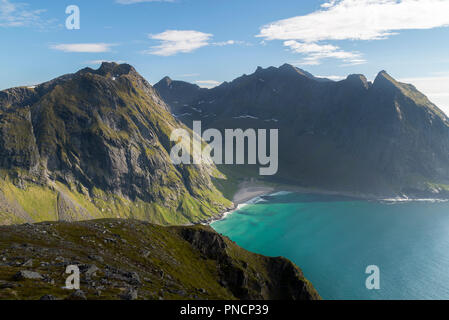 Kvalvika beach seen from the summit of Ryten, Lofoten Island, Norway ...