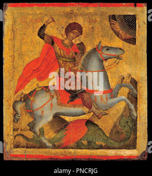St. George and the Dragon, in a suit of golden armour and seated on a ...