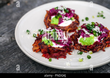 Beetroot rosti with horseradish, cream and chives Stock Photo - Alamy