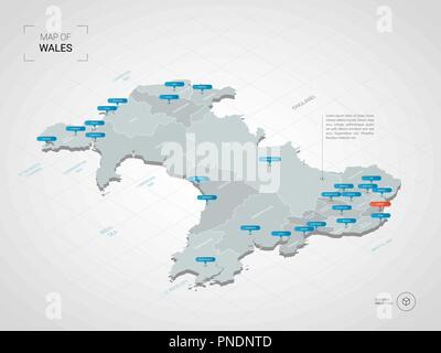 Stylized map of Wales. Isometric 3D green map with cities, borders ...