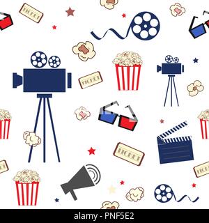Cinema film, camera, popcorn and other objects. Cinema set in doodle style. Vector illustration ...