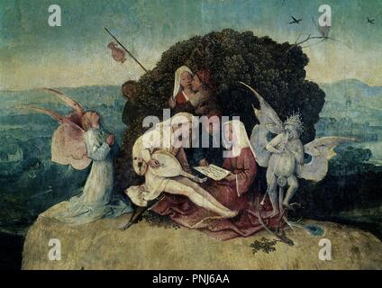 Hieronymus Bosch, The Hay Wagon (Prado), left panel, Detail, Adam and Eve tempted with an apple ...