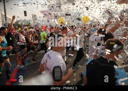 Belarus, Minsk, September 9, 2018: athletes run a half marathon race in ...