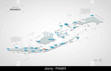 Stylized map of Indonesia. Isometric 3D green map with cities, borders ...
