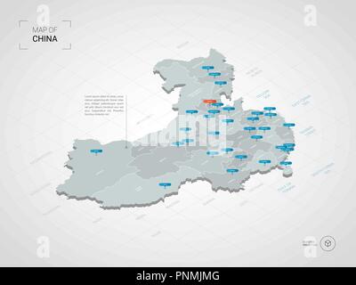 Stylized map of China. Isometric 3D green map with cities, borders ...