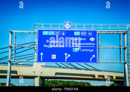 Overhead gantry sign over the M7 Hungarian Freeway heading to Budapest ...