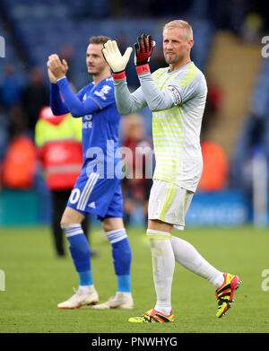 Kasper Schmeichel of Leicester City applauds the Leicester fans after ...