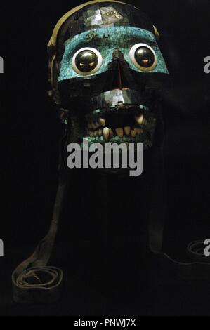 Turquoise mosaic mask of Tezcatlipoca, Mixtec-Aztec, AD 1400-1521. A ...