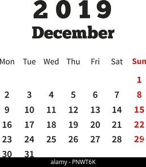 Calendar december 2019 year in simple style. Calendar planner design ...