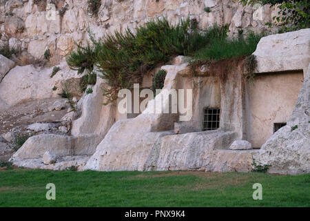 View of ancient burial caves from the late first Jewish temple located ...