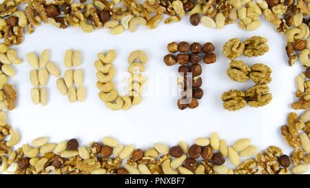 The word NUTS spelled with a variety of mixed nuts on a white ...