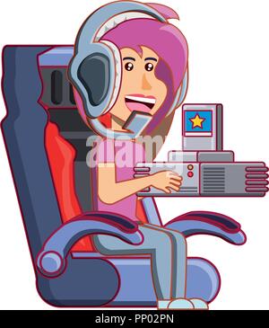 cartoon girl with videogame console and sitting on gaming chair over ...