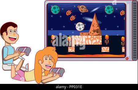 cartoon kids playing videogames over white background, vector ...