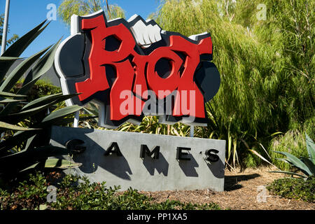 A logo sign outside of the headquarters of Riot Games, Inc., in Los ...