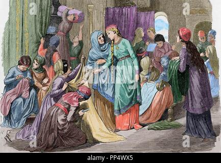 Clothing, fashion in early Christian times, 300-600 AC, from the left ...