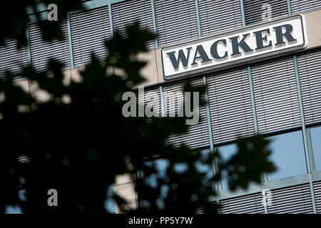 A logo sign outside of the headquarters of Wacker Chemie in Munich ...