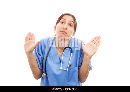 Female doctor or nurse don't know what to do, isolated on white Stock ...