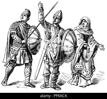 Anglo-Saxons, left: noble woman, middle: king in regalia, right: king ...