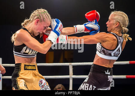 Czech professional boxer Fabiana Bytyqi (left) defeats Denise Castle ...