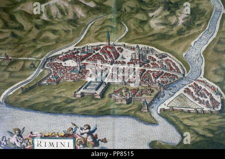 Town Plan or Old Map of Rimini, Italy. Fresco or Wall Painting in ...