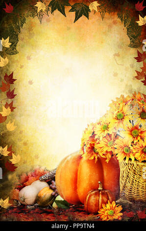 Autumn background with pumpkins, corn, and flowers on a dark wooden ...
