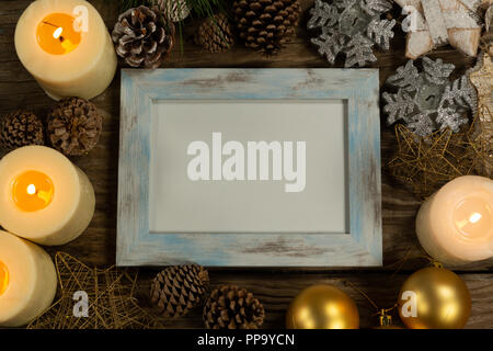 blue wooden frame with Christmas ornament Stock Photo - Alamy