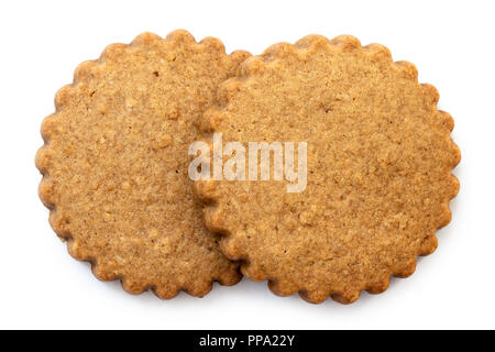 Three round gingerbread biscuits isolated on white from above. Serrated ...