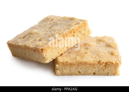 Two classic homemade square shortbread biscuits stacked and isolated on ...