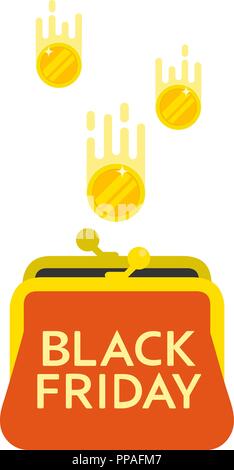 Sale inscription on red purse. Purse with golden coins. Isolated vector ...