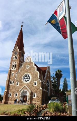 German colonial church in namibian Luderitz, Namibia. Black and white ...