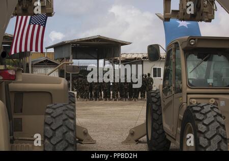 Somali national army soldiers stand in formation during a logistics ...
