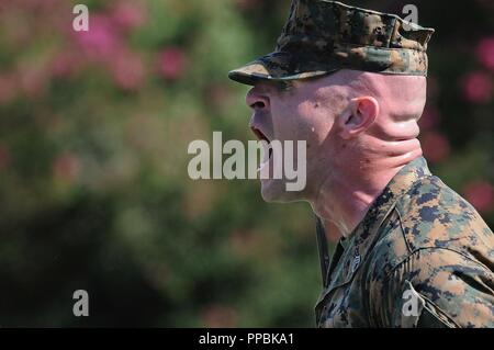 Staff Sgt. Joshua Higgins, Marine Corps Detachment, belts out a command ...