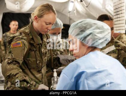 Soldiers with the 131st Field Hospital, 528th Hospital Center, assess a ...