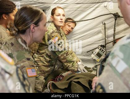 Soldiers with the 131st Field Hospital, 528th Hospital Center, assess a ...