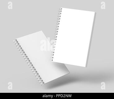 White hard cover books floating in the air in 3d rendering on grey ...