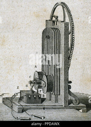 An old engraving of a magneto-electric device of the mid-1800s. It is ...