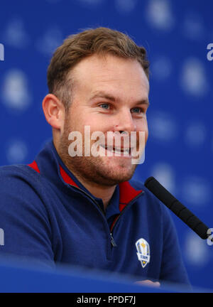 Tyrrell Hatton of Team Europe during a press conference at the Bethpage ...