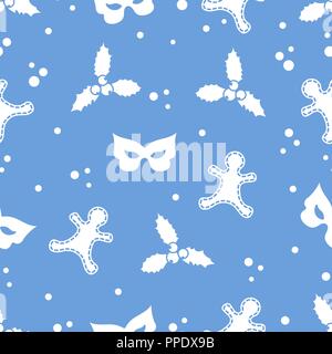 Seamless pattern with gingerbread man, mistletoe, mask. Christmas and ...