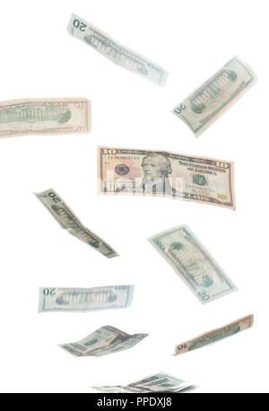 Falling American dollars, isolated on white background, clipping path ...