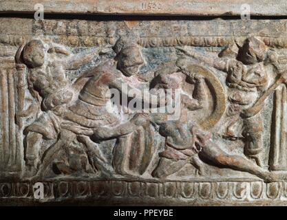 Etruscan art. Urn depicting the struggle between Eteocles and Polynices ...