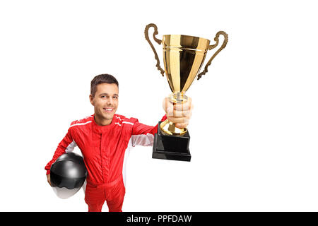 Racer holding a gold trophy cup and wearing a black helmet isolated on ...