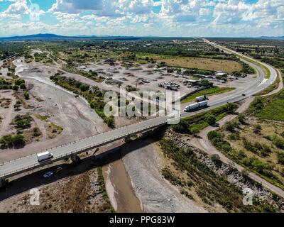 Aerial view of bridge in peripheral area of Santa Ana, Sonora, Mexico ...