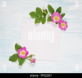 Composition with blank card, rose flowers and paper hearts, closeup ...
