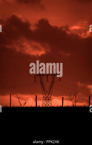 Cinematic horror scenario, deep red sky, with massive black clouds ...