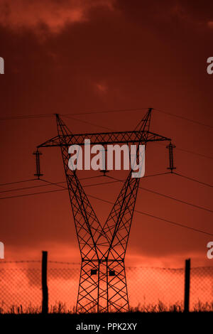 Cinematic horror scenario, deep red sky, with massive black clouds ...